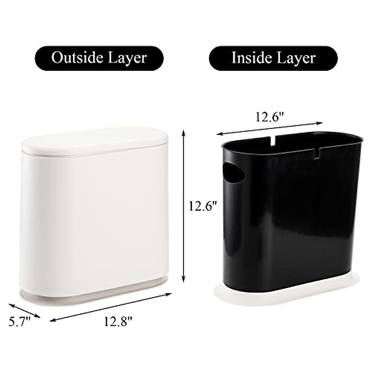 ZENFUN 2.6 Gallon Plastic Trash Can with Press Lid, Oval Slim Wastebasket Garbage Container Bin Bathroom Garbage Can for Living Room, Bedroom, Kitchen, Office, Easy to Clean, White