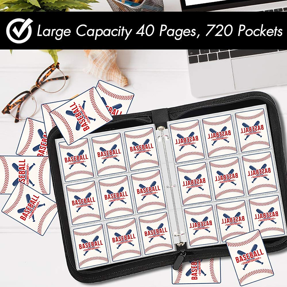 720 Pockets with Trading Card Binder, 9-Pocket Baseball Card Sleeves Card Holder Album Protectors, Penny Sleeves for Trading Cards Fit for Sport, Game, Standard Cards Holder for Kids (Baseball)