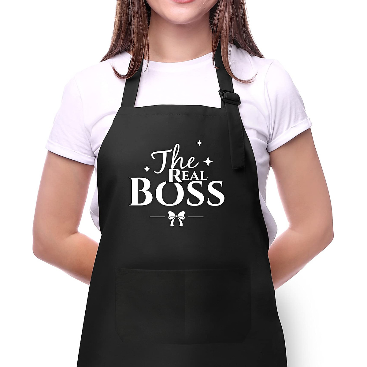 Moanlor Art Funny Cooking Aprons for Women,The Real Boss Apron with Pockets,Gifts for Friends Sister,Cute Birthday Mother's Day Christmas Kitchen Gifts for Mom Wife Grandma-Black