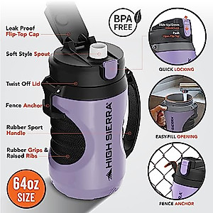 High Sierra - [BPA FREE] 64 OZ Insulated Water Jug, [Soft Spout – NO MORE TEETH BUMPS] Built-in Fence Anchor, Keeps Iced Water Cold for Hours, EXTRA LARGE Sports Bottle, Lavender