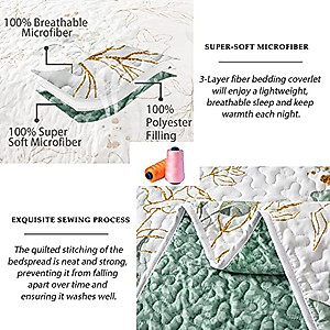 Floral Quilt Queen Size,Green Botanical Queen Quilt 3 Pieces,Reversible Soft Bedspread Queen Size for All-Season(96"x90")