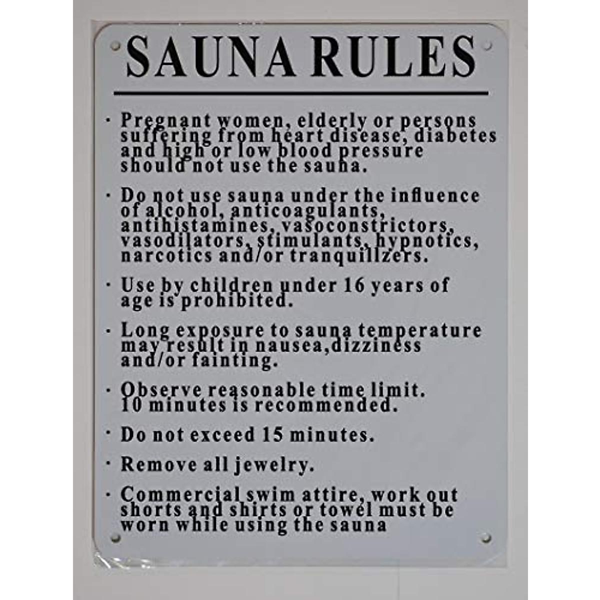 BUILDINGSIGNS.COM Sauna Rules Sign (White, Rust Free Aluminium 8.5x11)