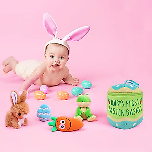 Bunny Chorus Easter Basket Playset, 6ct Stuffed Plush Bunny Chick Carrot Egg Frog for Baby Girls Boys, Easter Theme Party Favors Stuffers Gifts, Easter Decorations Party Supplies