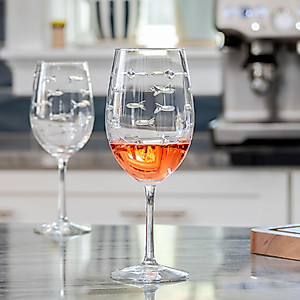 Rolf Glass School of Fish 18oz All Purpose Wine Glass | Set of 4 | Large Wine Glasses | Lead-free Crystal Glass | Engraved Wine Glasses | Made in the USA