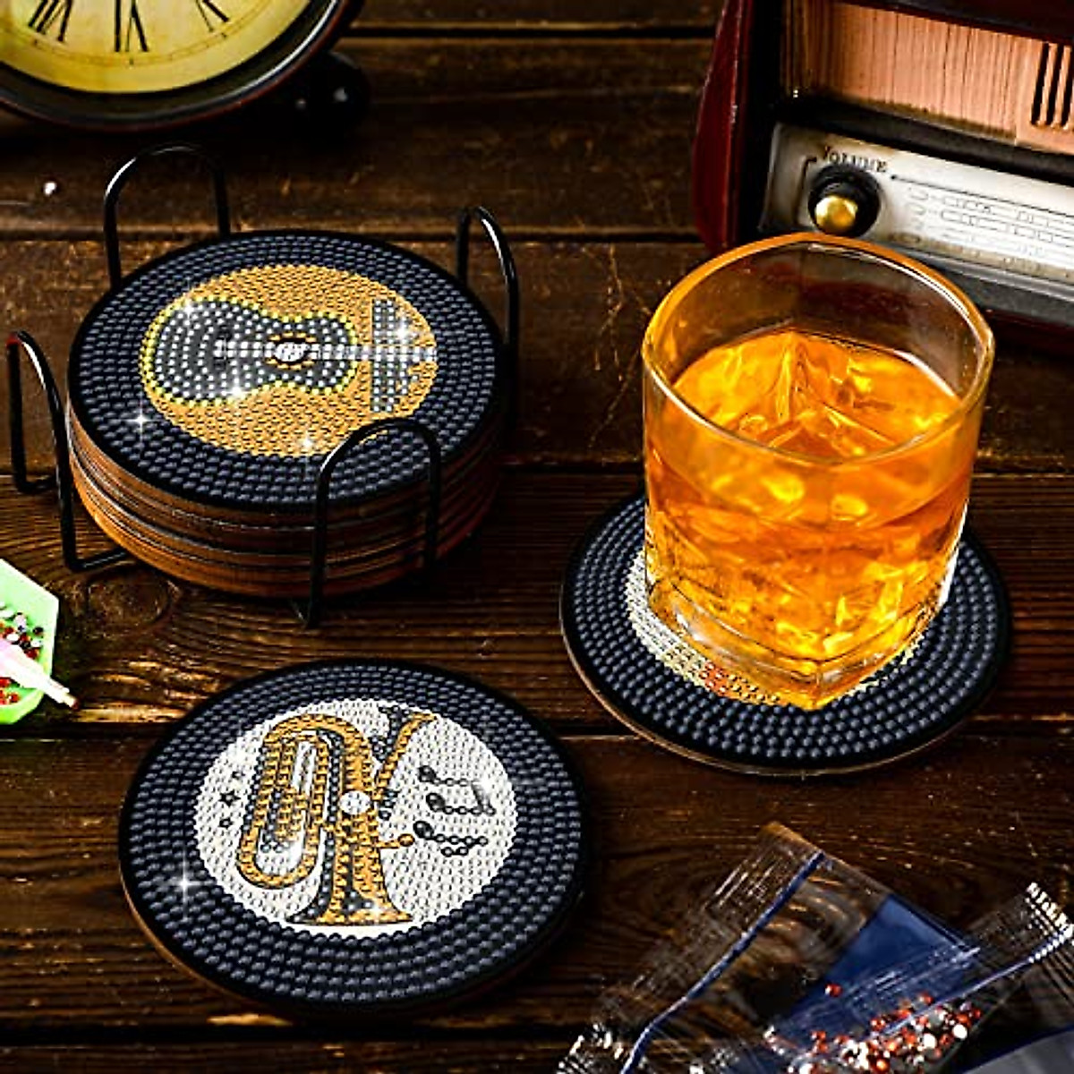 8 Pcs Diamond Art Coasters Retro Record Coasters Diamond Painting Coasters with Holder DIY Retro 80s Record Coasters Disk Coasters Diamond Painting Kits for Adults Kids Music Lovers Drink Table Gifts