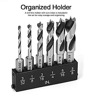 COMOWARE Brad Point Stubby Drill Bit Set for Wood, 6pcs HSS 4241 Steel with 1/4-Inch Quick Change Hex Shank