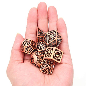 Metal Dice Set D&D, Dungeons and Dragons Dice Set,Hollow Out Retro Number Rainbow Unique Polyhedron Game RPG DND Metal Dice Set, Ancient Red Copper-24, Small