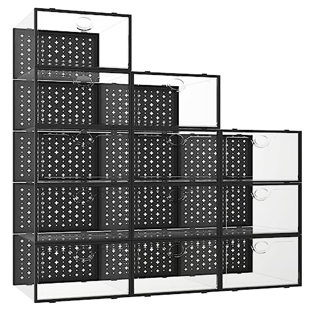 Pinkpum 12 Pack Shoe Storage Boxes, Shoe Organizer for Closet X-Large, Black Clear Plastic Stackable Sneaker Storage Containers Bins with Lids, Clear Shoe Display Case Containers, Fit for Size 11