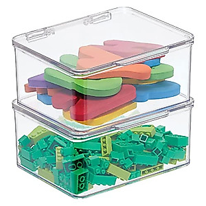 mDesign Plastic Playroom and Gaming Storage Organizer Box Containers with Hinged Lid for Shelves or Cubbies, Holds Small Toys, Building Blocks, Puzzles, Markers, Controllers, or Crayons, 2 Pack, Clear, 5.6 x 6.6 x 3
