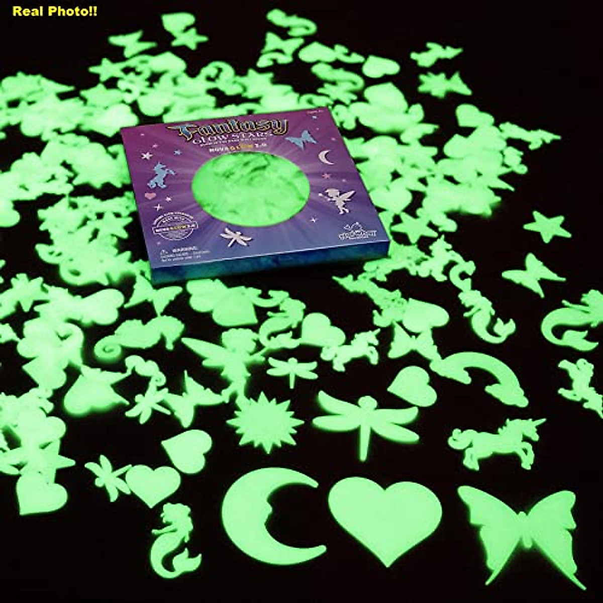 Fantasy Glow Stars, 200-Count Glow in The Dark Stars for Girls with Bonus Hearts, Moon, Unicorns, Dragonflies, Sea Horses, Butterflies, Rainbow Clouds, Princesses and Mermaids