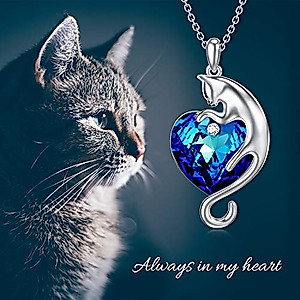 AOBOCO Cat Necklace Sterling Silver Cute Cat Pendant Jewelry with Ocean Blue Heart Crystal Gifts for Cat lover