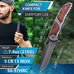 Grand Way Bundle of 2 Items - Pocket Knife - Best EDC Camping Hiking Hunting Knofe Gear Accessories for Men Wood Handle Sharp Blade Knifes - Gift for Men