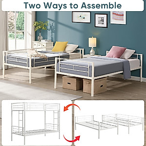 PVWIIK Twin Over Twin Metal Bunk Bed for Kids Boys Girls,Metal Structure Bedframe with Ladders & Guardrail,Convertible 2 Beds,No Spring Box Required,White