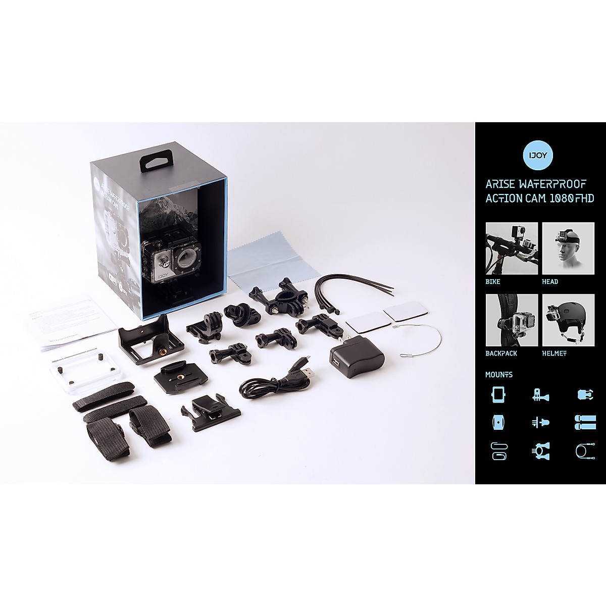 iJoy Arise 1080p Waterproof Action Cam Camera with Mounts and Accessories