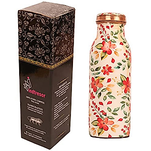 INDTRESOR Pure Copper Water Bottle - Handcrafted - Ayurveda health benefits - Large 17.50 oz - Leak proof - Easy to carry for Sports, Fitness, Yoga, School - White Base Floral Vintage Colors Enamel