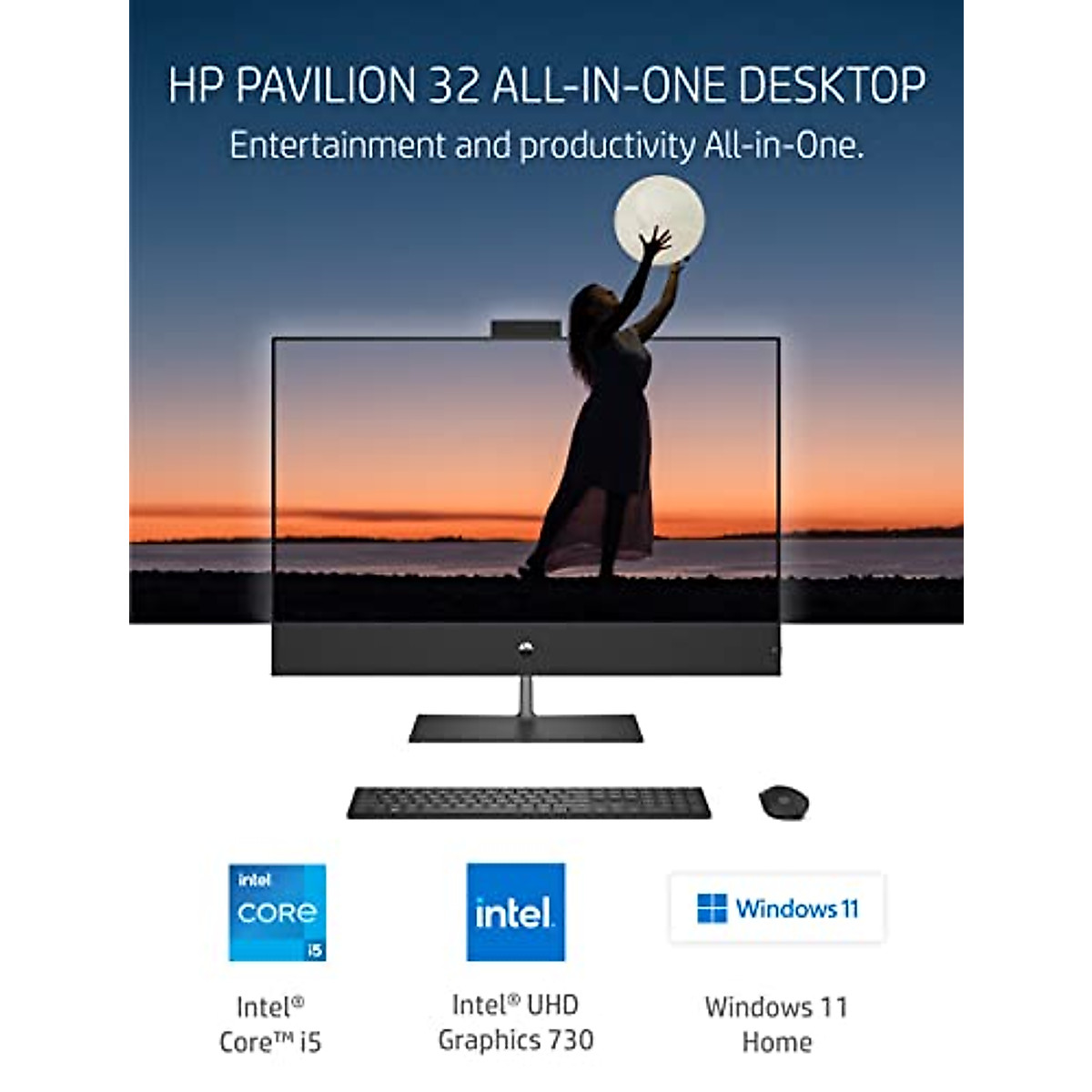 HP Pavilion 31.5 inch All-in-One Desktop PC, Intel Core i5-12400T Processor, Intel UHD Graphics, 16 GB RAM Memory, Windows 11 Home Operating System (32-b0010, Sparkling Black)