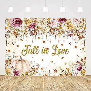 AIBIIN 7x5ft Fall in Love Backdrop Autumn Wedding Engagement Bridal Shower Party Decorations for Couple Pumpkin Gold Maple Leaf Burgundy Pink Floral Photography Background Banner Photo Shoot Props