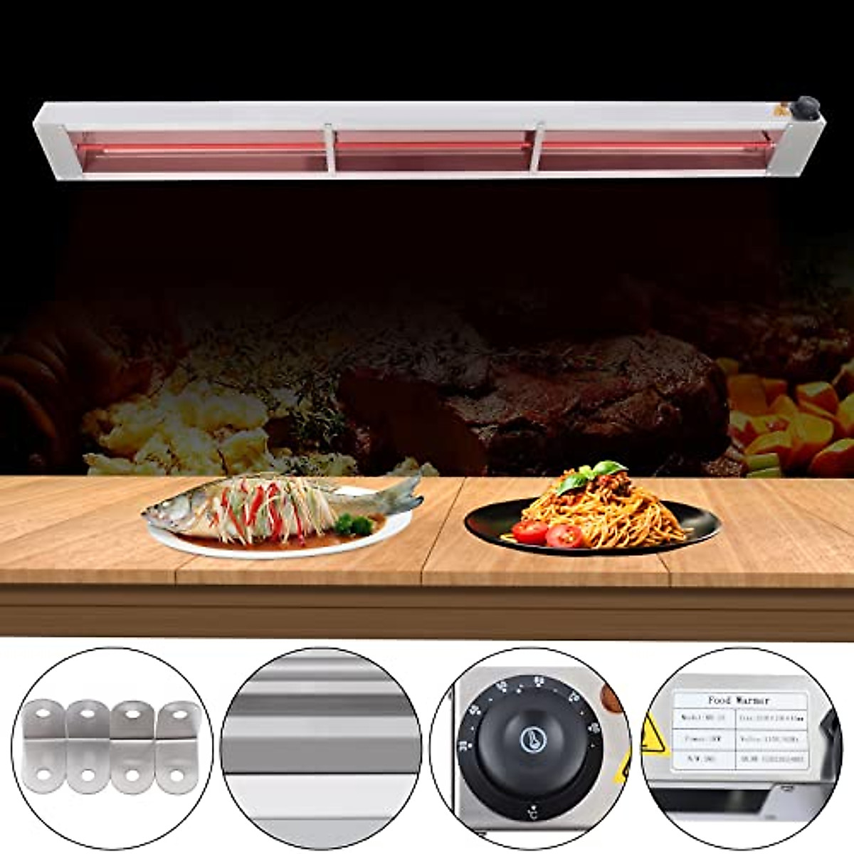 JINHZIXIU 60in Electric Strip Heater Commercial Grade Infrared Electric Food Warmer, Pass-Through Stations Heating Adjustable Temperature for Catering, Cafeterias 1000W, Stainless Steel 12A 110V