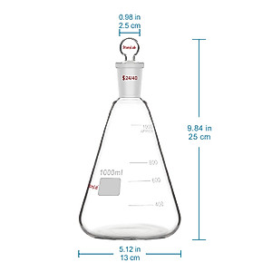 stonylab Glass 24/40 Erlenmeyer Flask with Stopper, 1000 ml Borosilicate Glass Heavy Wall Flask with 24/40 Standard Taper Outer Joint and Glass Stopper
