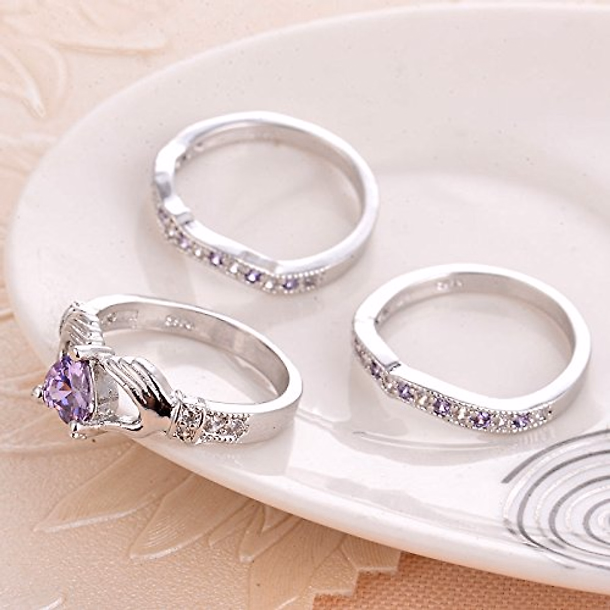 suchadaluckyshop 3PCs Irish Claddagh Celtic Heart Amethyst 925 Silver Wedding Ring Bridal Set New (10)
