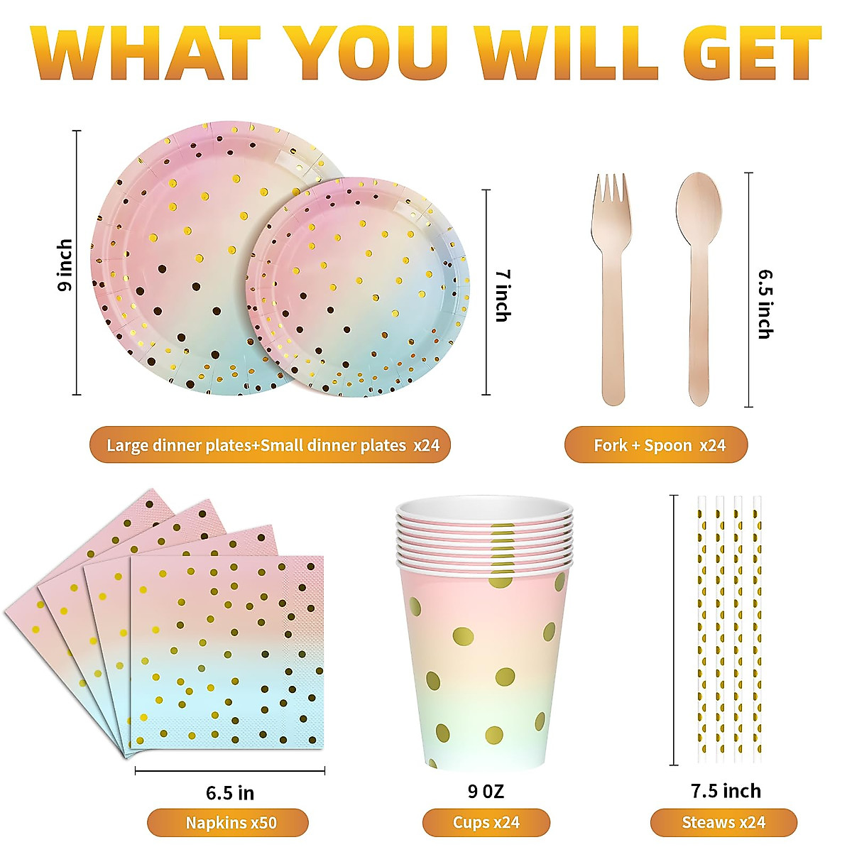 Dn Dennov 168PCS Pink and Gold-Pastel Party Supplies, Severs 24 Disposable Party Dinnerware Include Paper Party Plates,Cups,Napkins,Straw,Wooden Fork Spoon for Wedding,Christmas(Trompe l'oeil Gold)