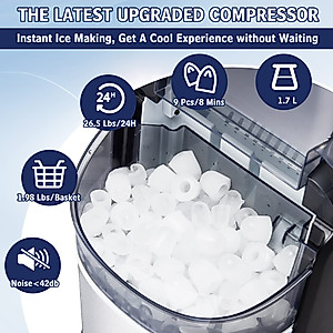 OUTGAVA Ice Maker Machine Countertop Portable Ice Cube Maker,Compact Automatic Ice Making Machine with Ice Scoop&Basket,26Lbs/24H,9 Cubes in 6-8 Minutes,2 Size(S/L) for Kitchen Bar Office,Black