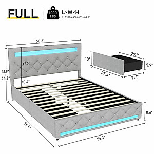 HOMFAMILIA Full Bed Frame with Headboard and Drawers, LED Bed Frame with Adjustable Storage & LED Lights Headboard, Upholstered Platform Bed with 2 USB Ports, No Box Spring Needed, Light Grey