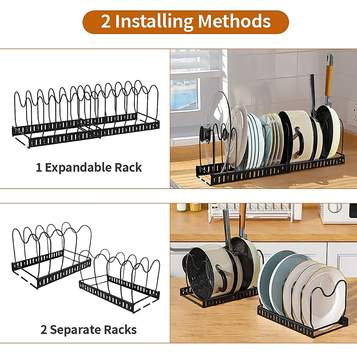 BIEOFFEI Expandable Pots and Pans Organizer for Cabinet, Pan Organizer Pot Lid Organizer with 13 Adjustable Compartment for Kitchen (Black)