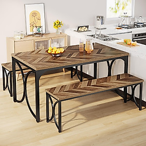 47" Kitchen Dining Table with Bench, Wood Dining Room Table with Benches for 4, Small Dining Table with 2 Benches, 3 Piece Rectangular Dining Table Set for Small Space