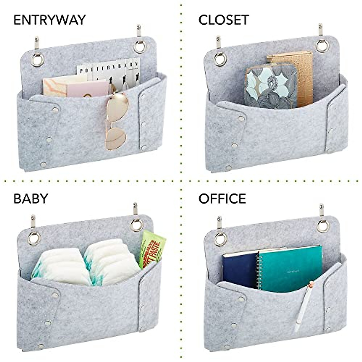mDesign Soft Felt Over The Door Hanging Storage Organizer for Closets in Bedrooms, Hallway, Entryway, Mudroom - Hooks Included - Textured Print, 2 Pack - Light Gray/Chrome