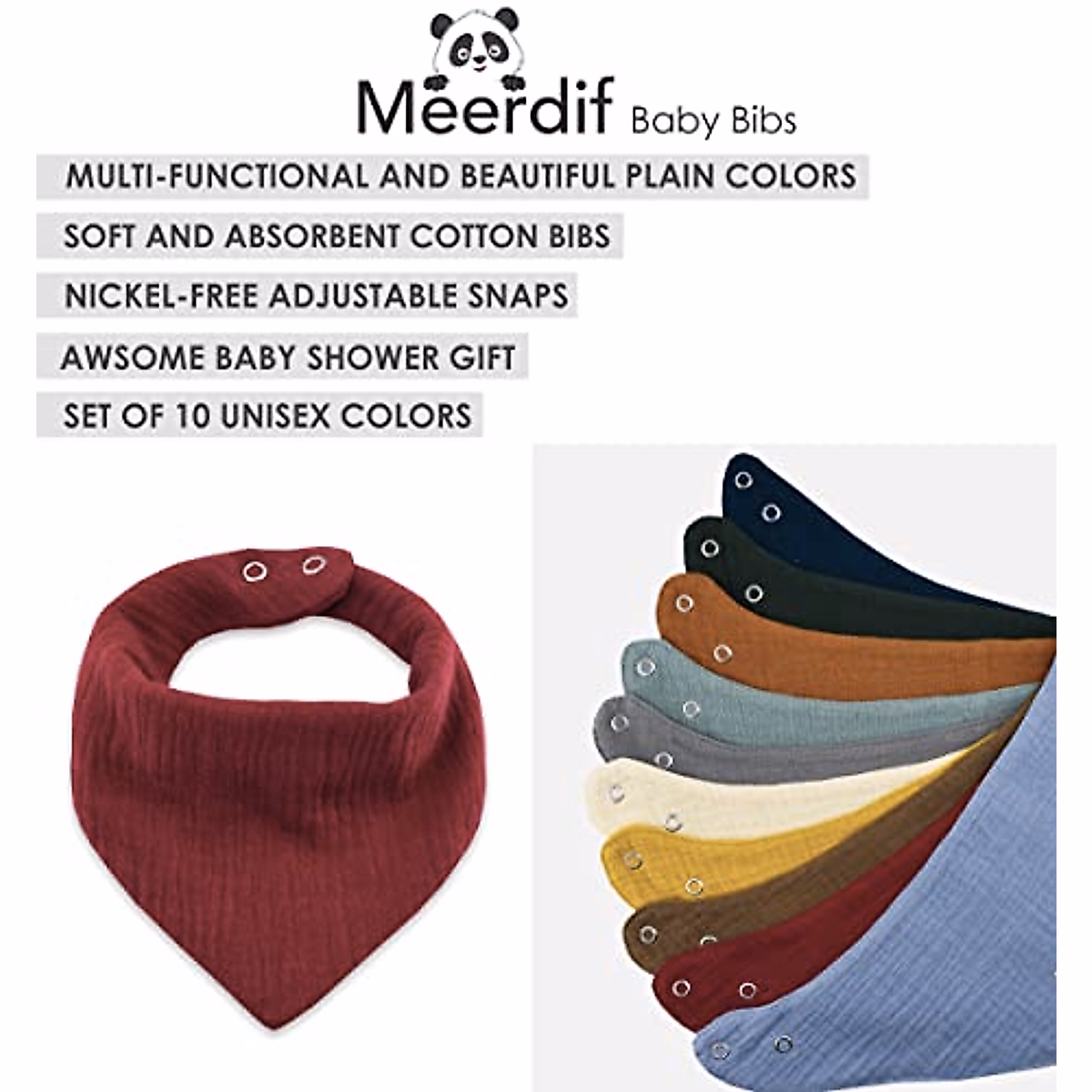 Meerdif Muslin Baby Bibs 10 Pack Baby Bandana Drool Bibs for Unisex Boys Girls, 100% Cotton 10 Solid Colors Set for Teething and Drooling
