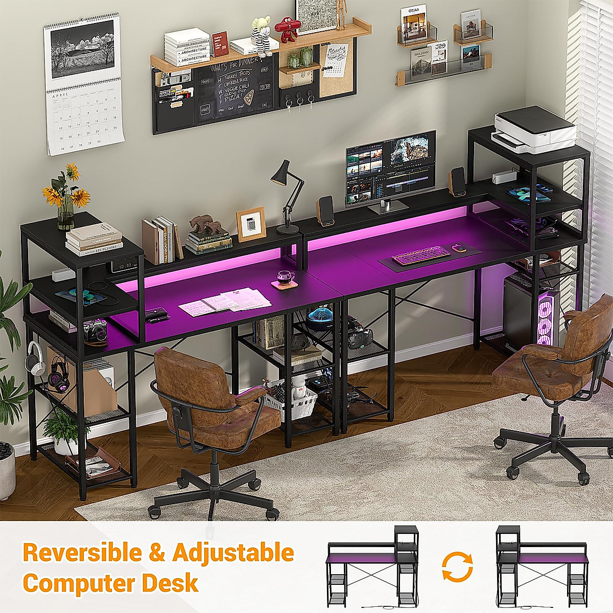 Cyclysio 55 inch Gaming Desk with LED Light, Reversibel Computer Desk with 7-Tier Storage Shelves, Home Office Desk with Power Outlets, Computer Gaming Desk with Monitor Stand for Small Space, Black