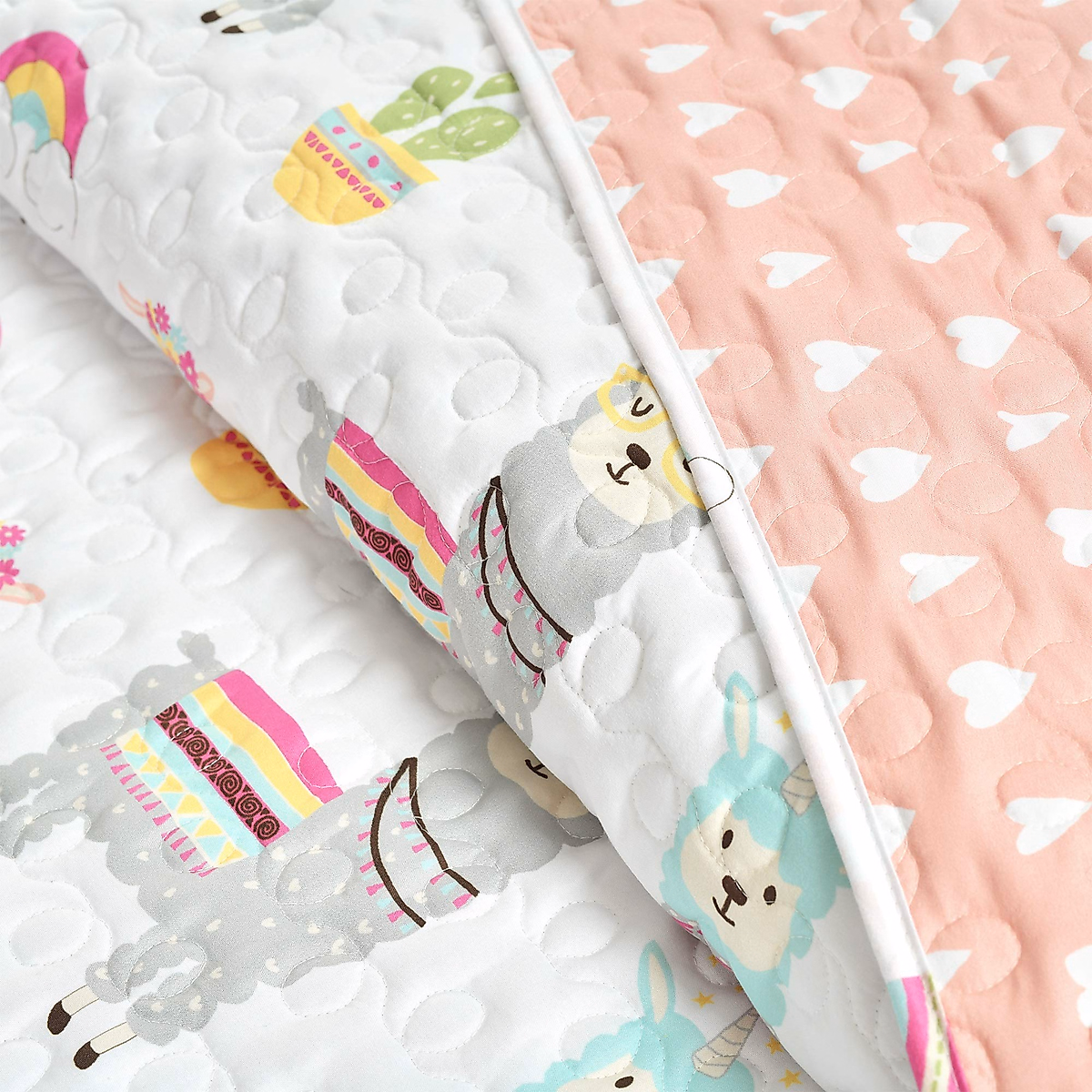 Lush Decor Southwest Llama Cactus Quilt, 3 Piece Set, Twin, White & Blush - Cute Kids Reversible Print Toddler Bedding Set