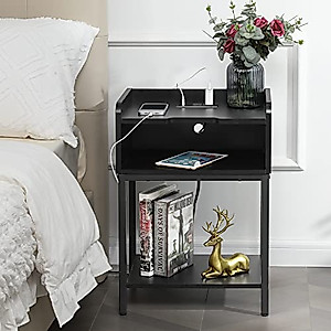 farexon Nightstand with Charging Station and USB Ports,Nightstand with Storage Drawer and Shelf, Small Bedside Table,End Table Night Stand for Bedroom(1 PCS, Black)