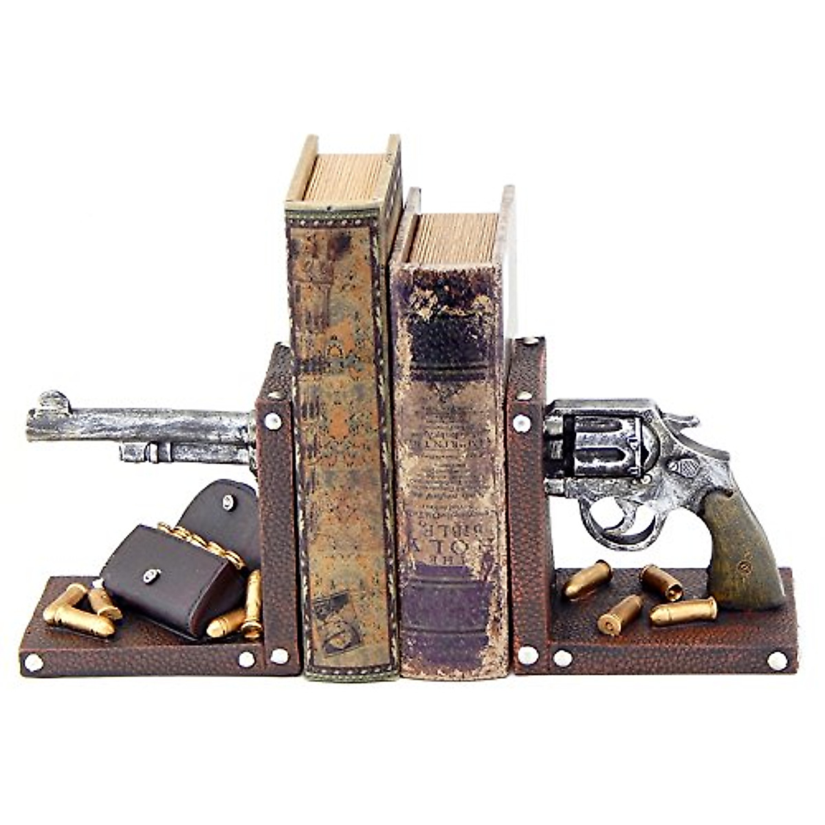 Bellaa 26317 Vintage Pistol Bookends Gun Six-Shooter Revolver Bullets Man Cave Book Shelf Firearm Deco Weapons Fire Arms Rustic Western Cowboy Mans Cave 6 Inch Tall