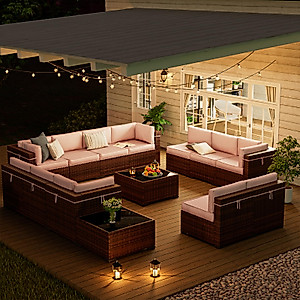 Amopatio Outdoor Patio Furniture Set, 14 Pieces PE Wicker Pit Sectional Sofa with Khaki Cushions, Coffee Tables, All-Weather Covers, Patio Conversation Sets Fits Patio Deck Balcony Yard