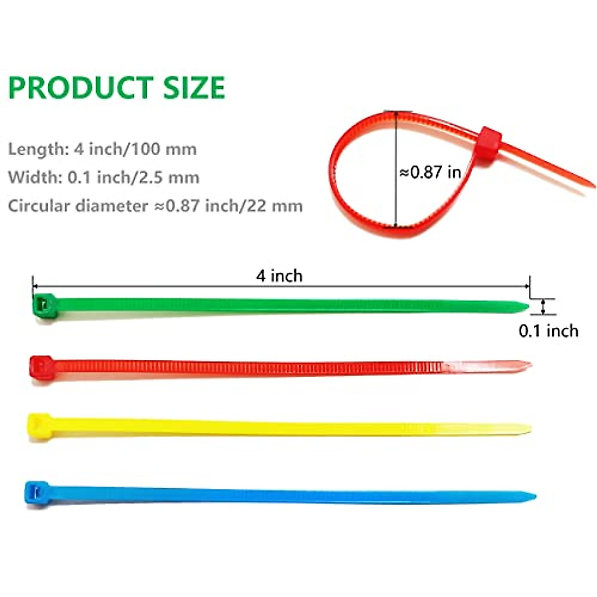 400Pcs Colored Zip Ties 4 Inch Cable Ties, 4/6/8 Inch Optional, Red Yellow Green Blue Small Zip Ties Set - 4 Inch