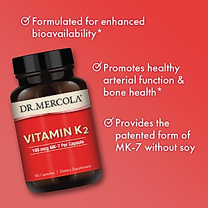 Dr. Mercola Vitamin K2, 90 Servings (90 Capsules), 180 mcg MK-7 Per Capsule, Dietary Supplement, Promotes Healthy Arterial Function, Non-GMO