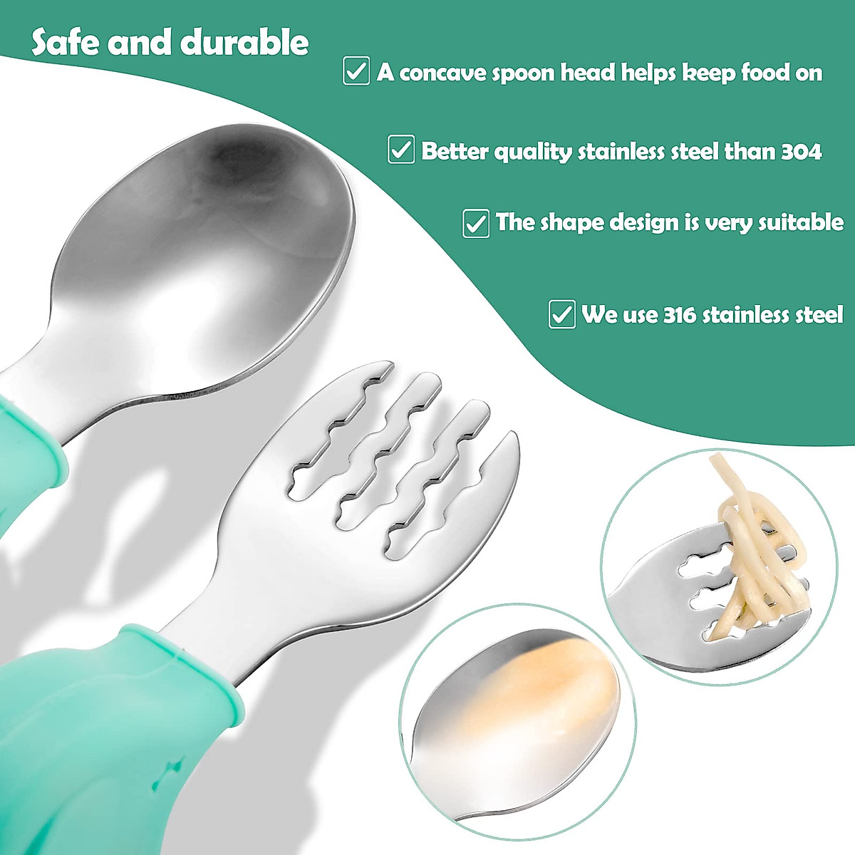 HIWOOD Baby Spoon and Fork Training Set with Travel Case, Toddler Utensils Silverware Set, 316 Stainless Steel and Silicone Flatware set for kids Self Feeding(Cow, Green)