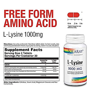 SOLARAY L-Lysine, Free-Form 1000mg | Amino Acid | Healthy Cognitive, Immune System, Bones & Skin Support | 90ct, 30 Serv