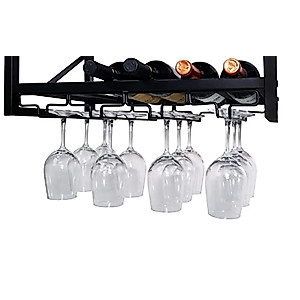 Farmhouse Wall Mounted Wine Rack with Tilting Display Shelf, Wall Hanging Wine Rack, 3-Tier Shelves with Stemware Glasses Holder for Wine Storage, Wine Display Shelf for Kitchen Living Room Cafe Bar