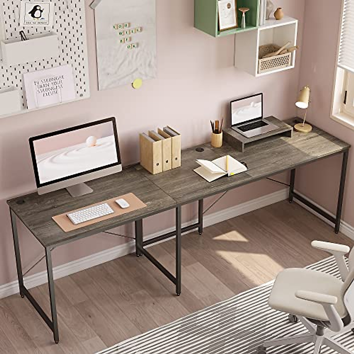 Bestier L Shaped Desk 95.2 Inch 2 Person Long Desk or Reversible Corner Computer Desk for Home Office Large Craft Table U Shaped Gaming Workstation with Monitor Stand & 3 Cable Holes, Gray