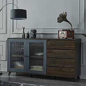 worldchoice Sideboard Buffet Cabinet 63" Wine Bar Cabinet with 4 Drawers & 2 Tempered Glass Doors Coffee Bar Cabinet Console Cabinet with Adjustable Shelf for Living Room Dining Room Kitchen, Grey