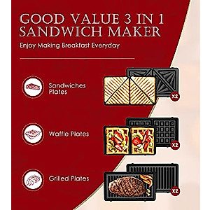 Omaiga Sandwich Maker 3 in 1, Waffle Maker, 750W Electric Panini Press Grill with Non-stick Removable Plates, Sandwich Press with LED Indicator Lights, Anti-Skid Feet, Portable Handle