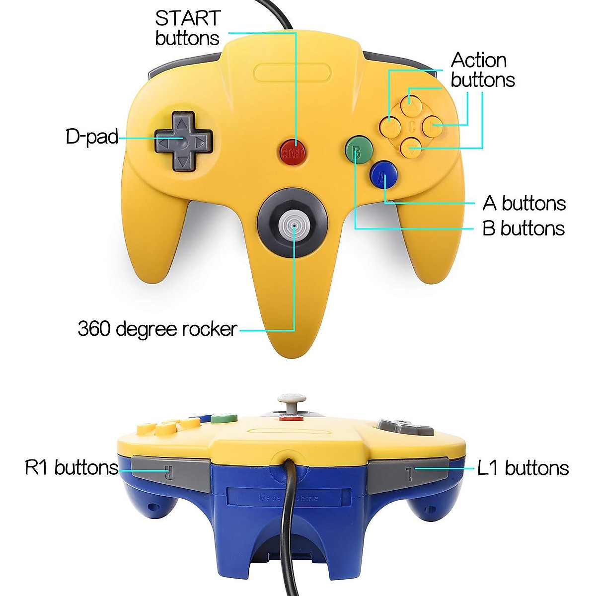 miadore 2-Pack Wired Classic 64 Controller Bundle with 2 Extension Cords [1.8m/6ft ] Compatible with N64 Video Game Console (Black and Yellow)