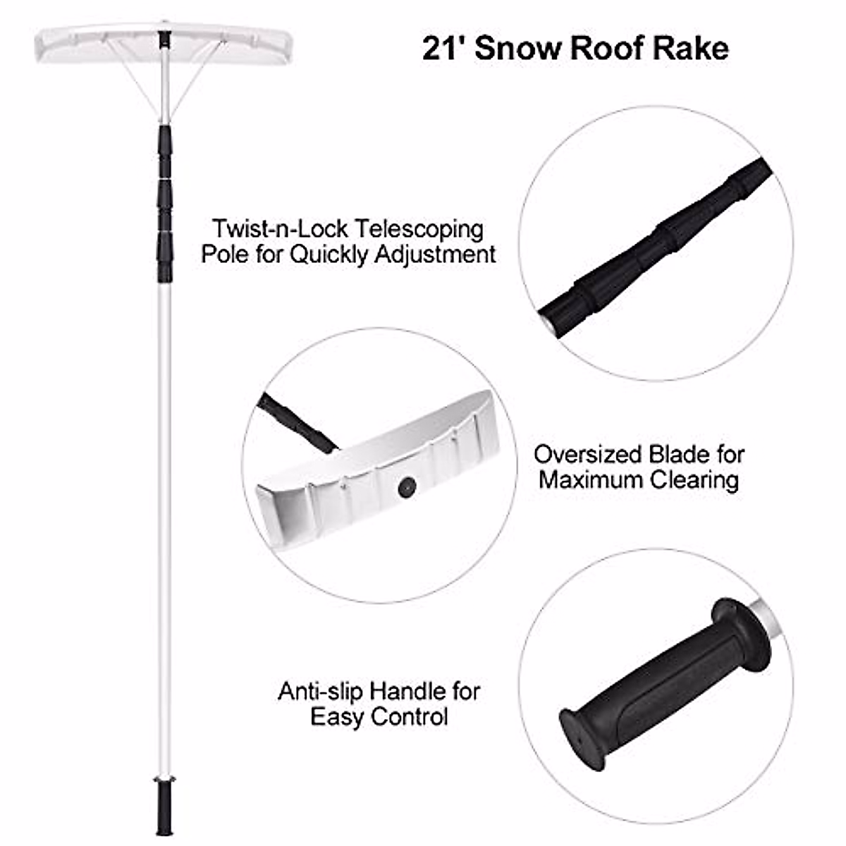 GYMAX Roof Rake,21ft Aluminum Snow Roof Rake with Twist-n-Lock Telescoping Handle & Big Blade, Extendable Roof Shovel for Snow Removal, Wet Leaf, Dribs (Silver)