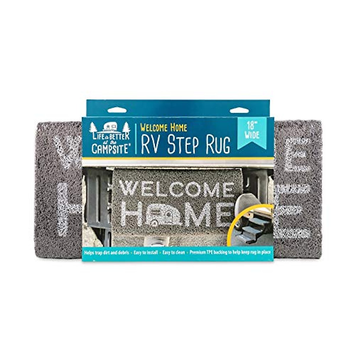 Camco 53196 Life is Better at The Campsite RV Wrap Around Step Rug, Fits 18-inch Wide Steps - for Manual and Electric RV Steps - Features a Gray Mat with a White Welcome Home Retro RV Print