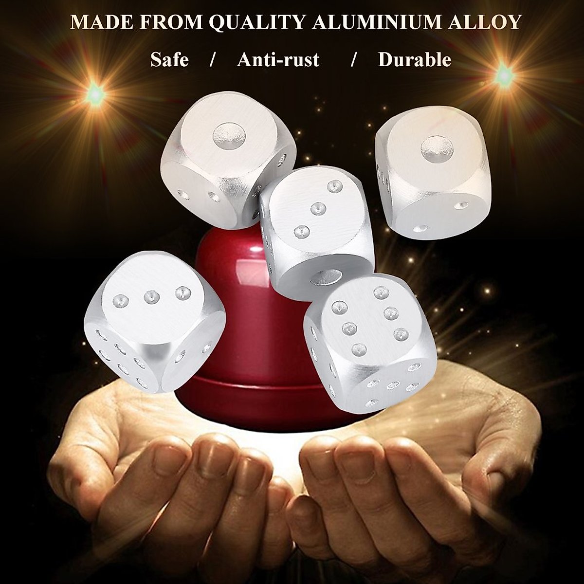 Precision Aluminum Alloy Dice Solid Metal Dice Set Table Game Dice Poker Games Dices Set with Case 5pcs (Silver-Rectangle Box)