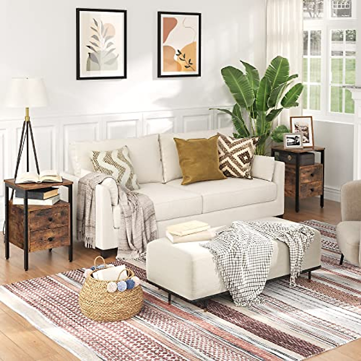 HOOBRO End Tables Set of 2, Bedside Table with 2 Drawers and Storage Shelves, Side End Table, Nightstands for Living Room, Bedroom, Accent Furniture, Easy Assembly, Rustic Brown and Black BF43BZP201G2