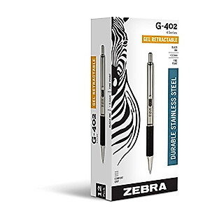 Zebra Pen G-402 Retractable Gel Pen, Stainless Steel Barrel, Fine Point, 0.5mm, Black Ink, 12-Pack